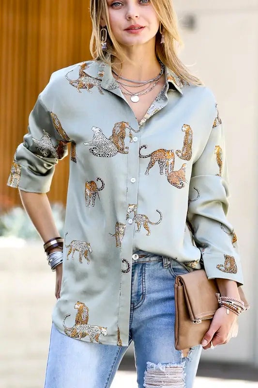 THE "TABI" LEOPARD PRINT SATIN SHIRT in SAGE | Vickie B's on Main